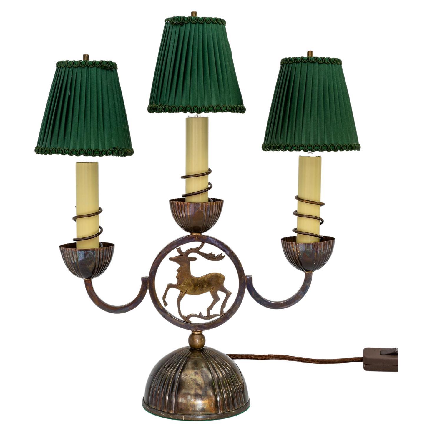 Pair of Brass Trumpet Horn Hunting Table Lamps with White Lampshades ...