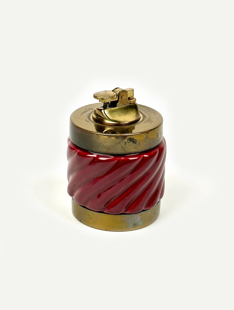 Table Lighter Bordeaux Ceramic and Brass by Tommaso Barbi, Italy, 1970s ...