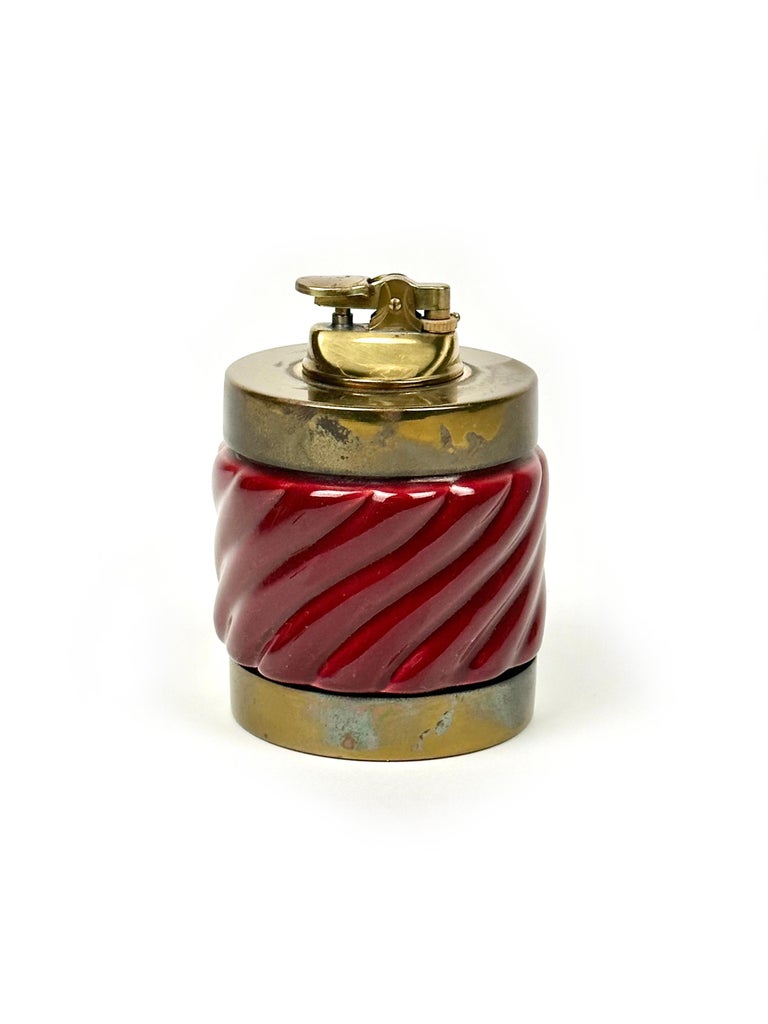 Table Lighter Bordeaux Ceramic and Brass by Tommaso Barbi, Italy, 1970s ...