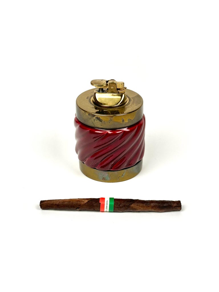 Table Lighter Bordeaux Ceramic and Brass by Tommaso Barbi, Italy, 1970s ...