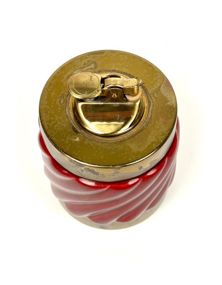 Table Lighter Bordeaux Ceramic and Brass by Tommaso Barbi, Italy, 1970s ...