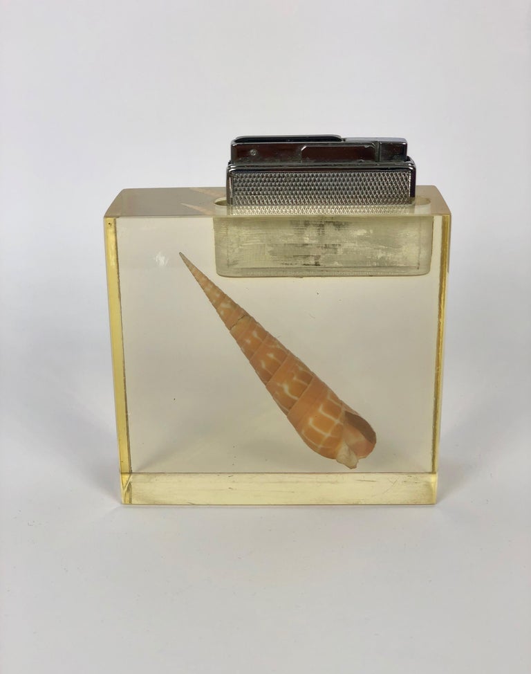 Table Lighter in Lucite Resin with a Sea Shell Inside, 1970s at 1stDibs