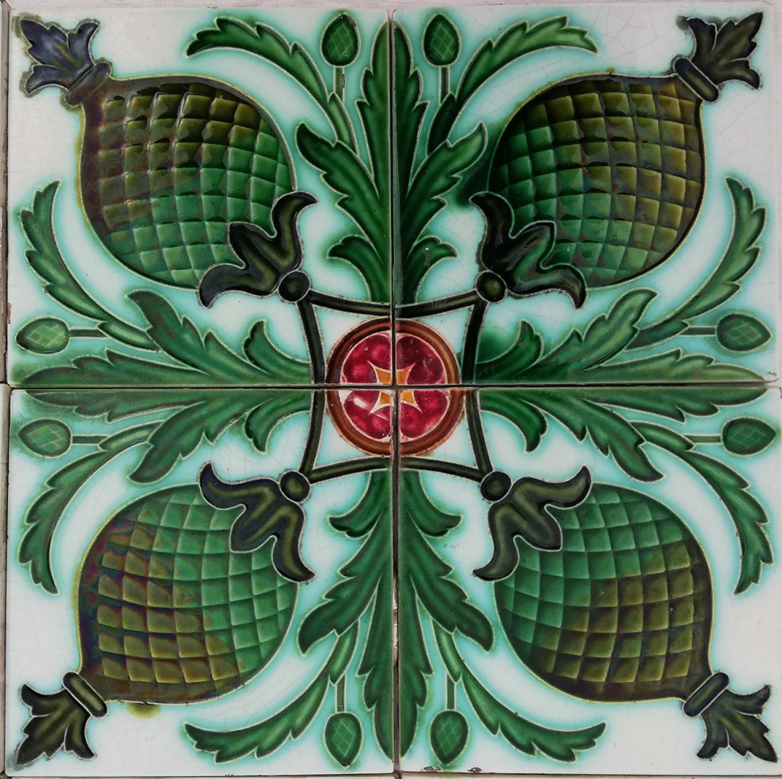 Tableau of 16 Green Glazed Relief Tiles Set by, Belgium For Sale at 1stDibs
