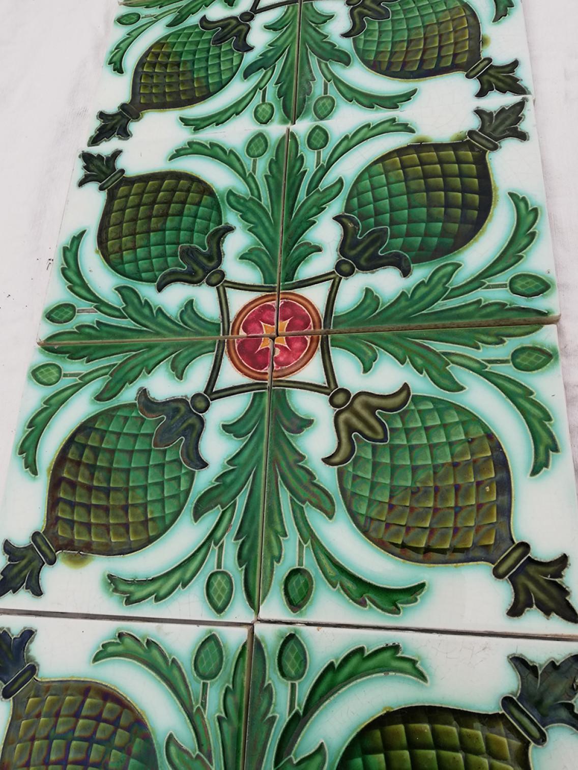 Tableau of 16 Green Glazed Relief Tiles Set by, Belgium For Sale at 1stDibs