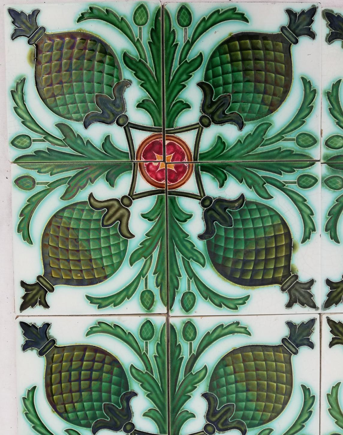 Tableau of 16 Green Glazed Relief Tiles Set by, Belgium For Sale at 1stDibs