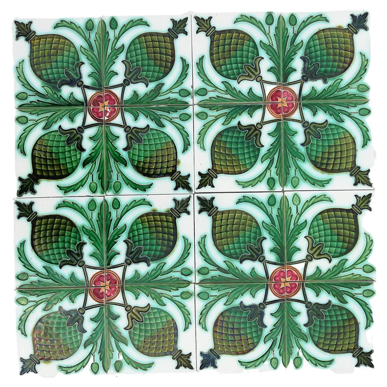 Tableau of 16 Green Glazed Relief Tiles Set by, Belgium For Sale at 1stDibs