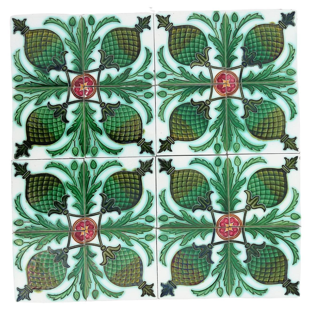 Tableau of 16 Green Glazed Relief Tiles Set by, Belgium For Sale at 1stDibs