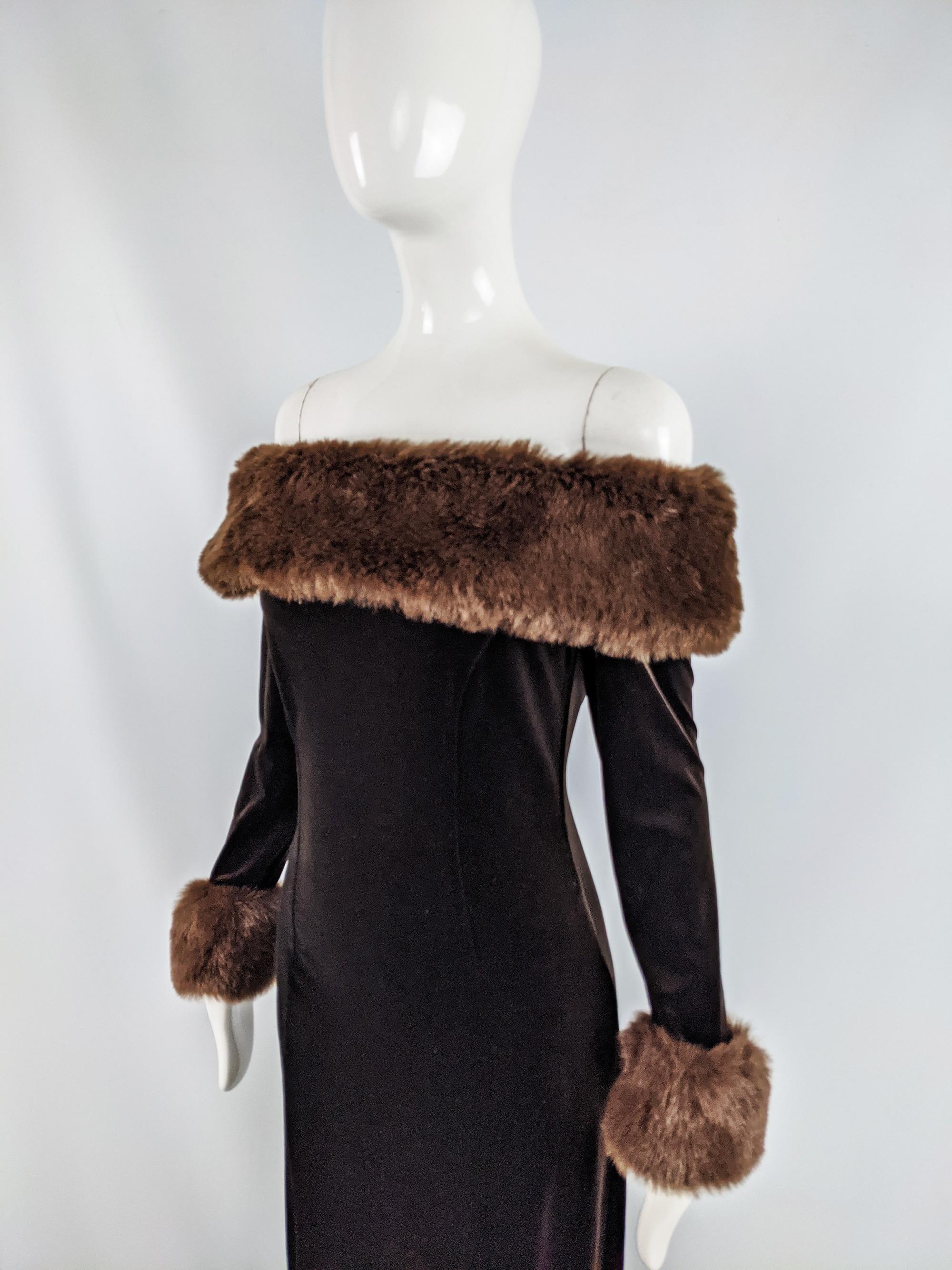 Tadashi Vintage 90s Brown Stretch Velvet Faux Fur Trim Evening Dress