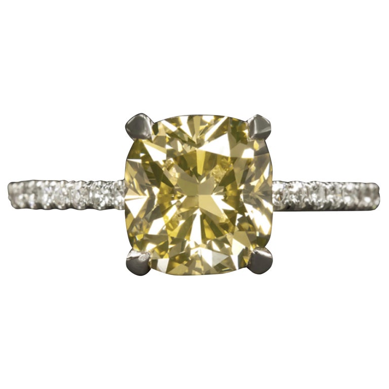 2 Carat Fancy Deep Yellow Cushion Diamond Cut 18 Carat Gold Platinum ...