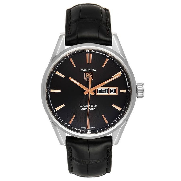 TAG Heuer Carrera Calibre 5 Day Date Steel Men's Watch WAR201C Box Card For Sale at 1stDibs