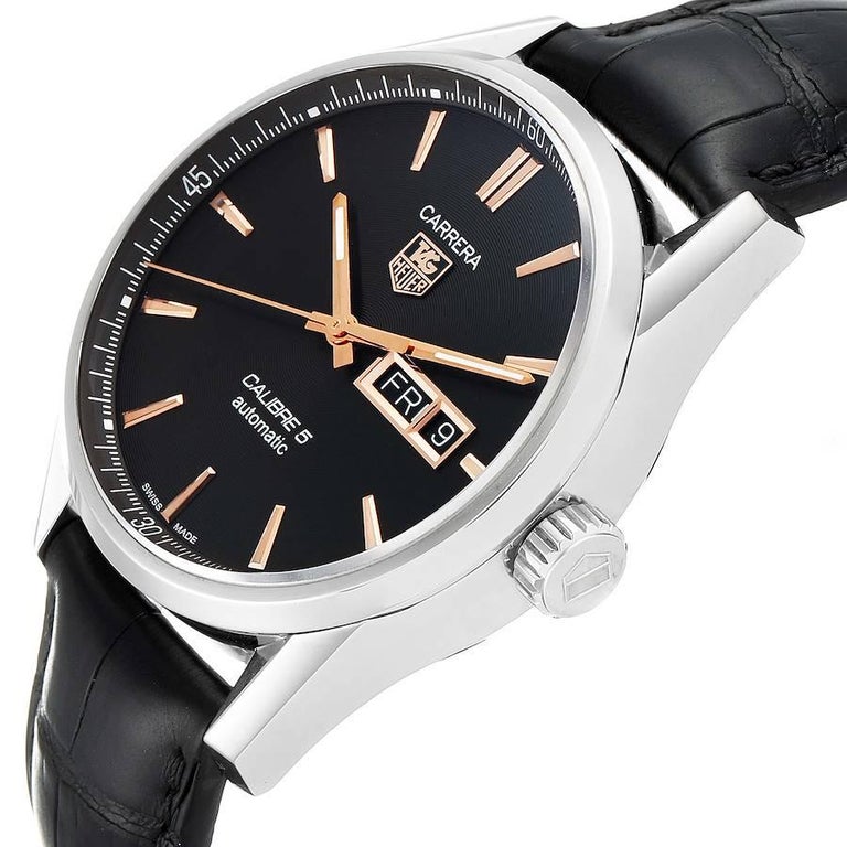 TAG Heuer Carrera Calibre 5 Day Date Steel Men's Watch WAR201C Box Card For Sale at 1stDibs