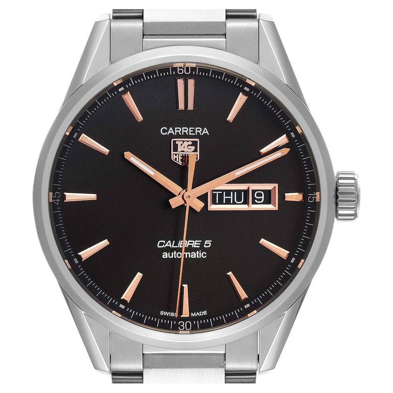 TAG Heuer Carrera Calibre 5 Day Date Steel Mens Watch WAR201C Box Card For Sale at 1stDibs