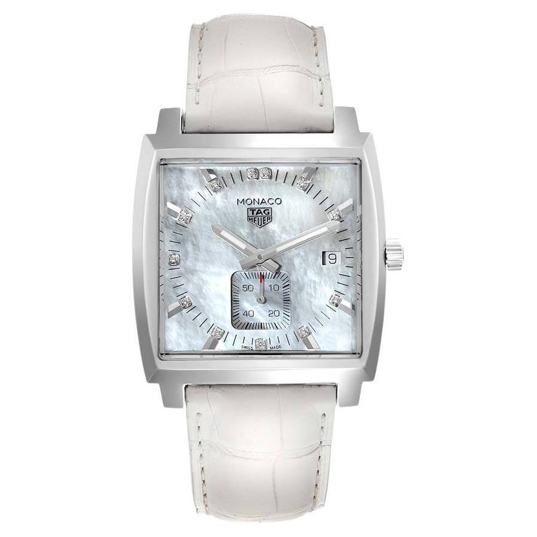 Tag Heuer Monaco MOP Diamond Dial White Strap Ladies Watch WAW131B For ...