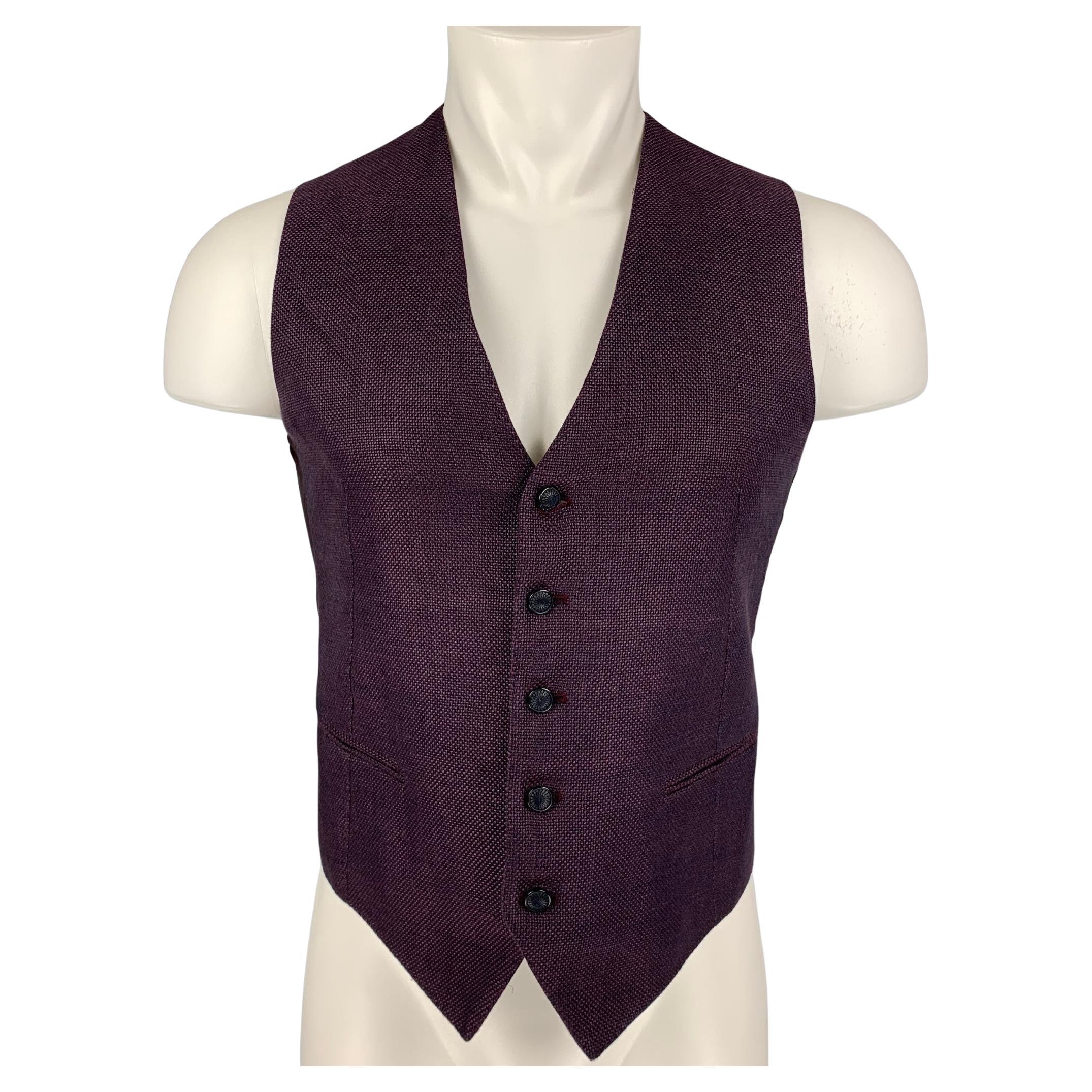 TAGLIATORE Size 38 Navy and Burgundy Woven Linen Blend Vest For Sale at ...