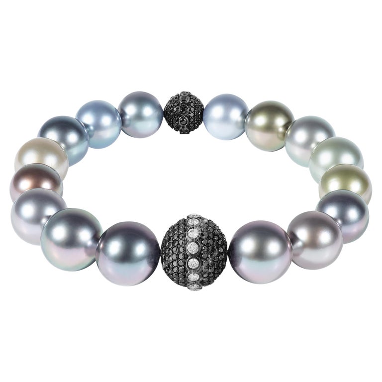Tahiti Pearl Bracelet with 18k Black Gold Diamond Encrusted Orbs For ...