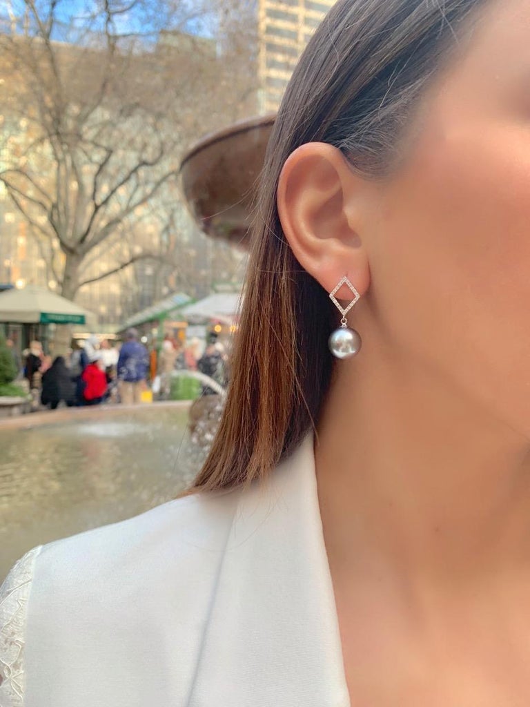 Tahitian Grey Cultured Pearl and Diamond Earrings with 14 Karat White ...