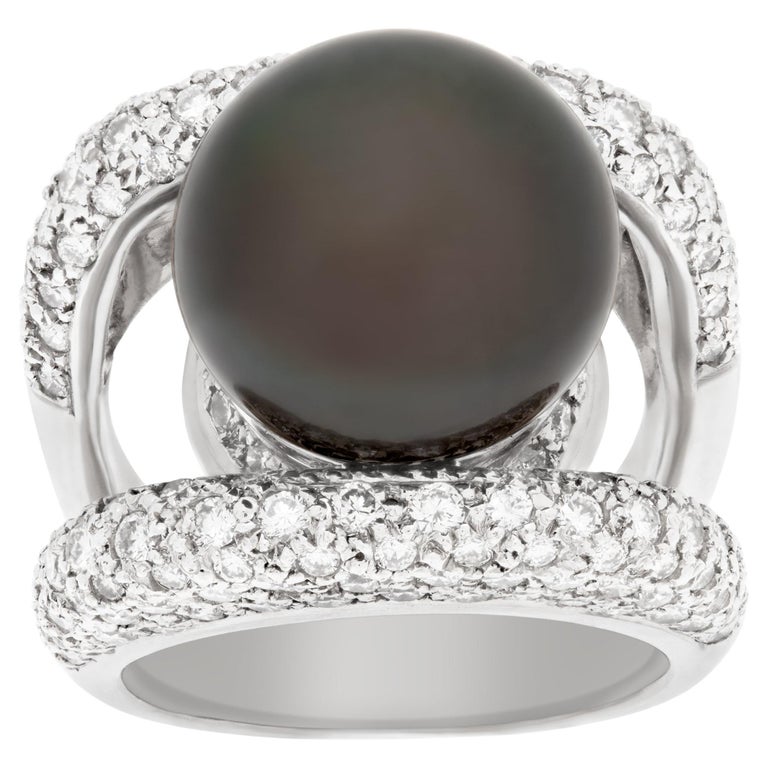 Tahitian pearl (15 x15.5mm) and 3.00 carats diamonds ring in 18k white ...
