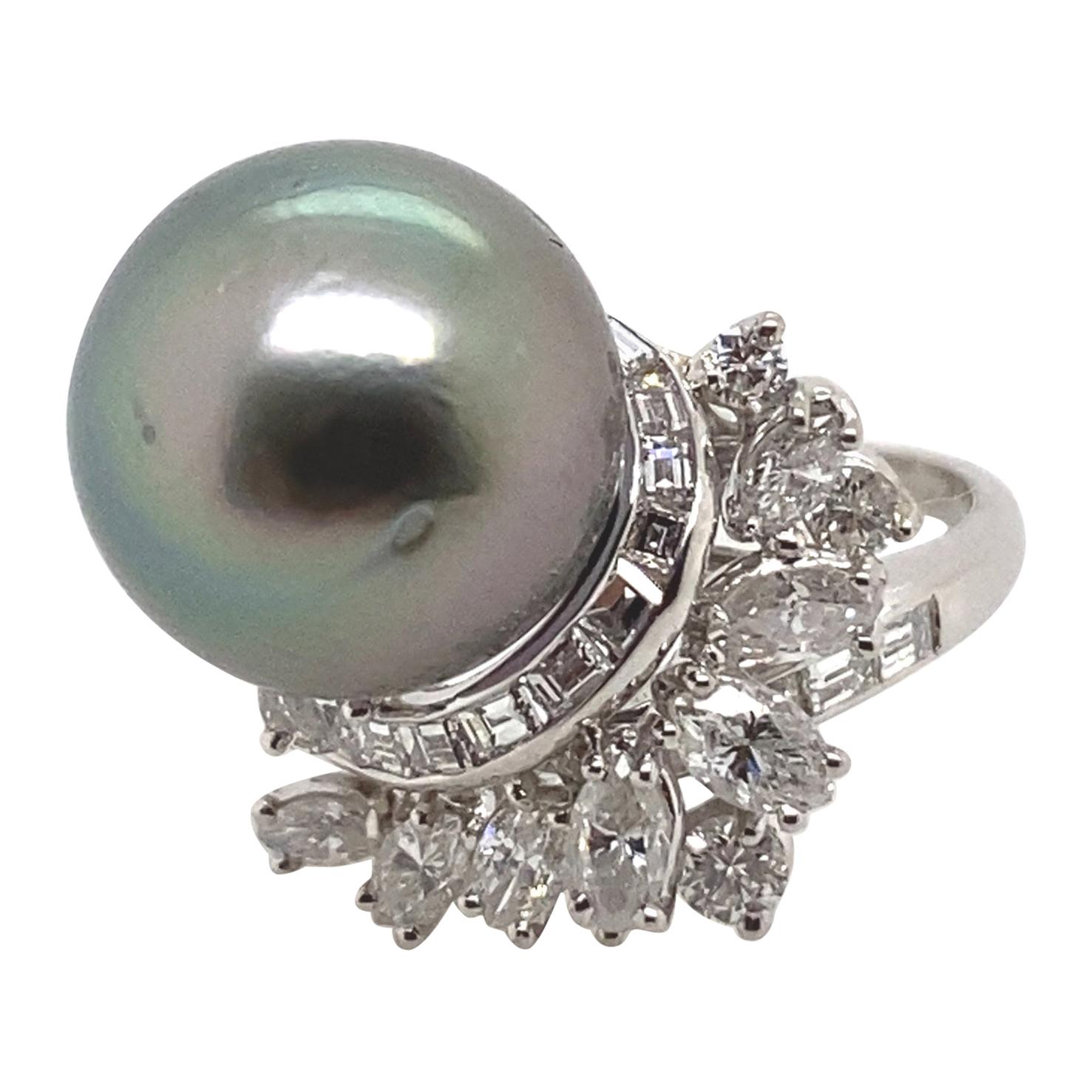 Cultured Pearl Diamond Platinum Triple Cluster Ring For Sale at 1stDibs