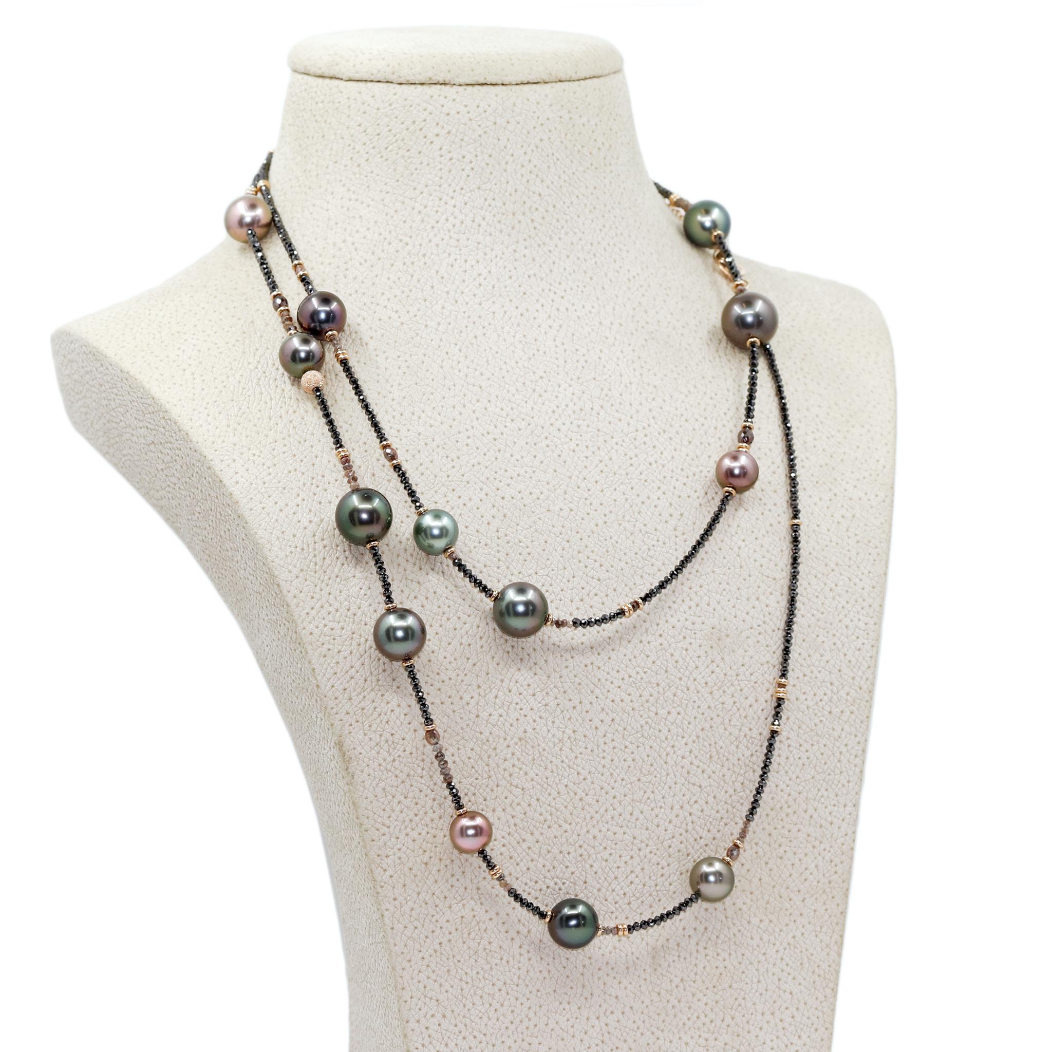 Tahitian Pearl Black + Cognac Diamond Long Rose Gold Necklace, Gellner ...