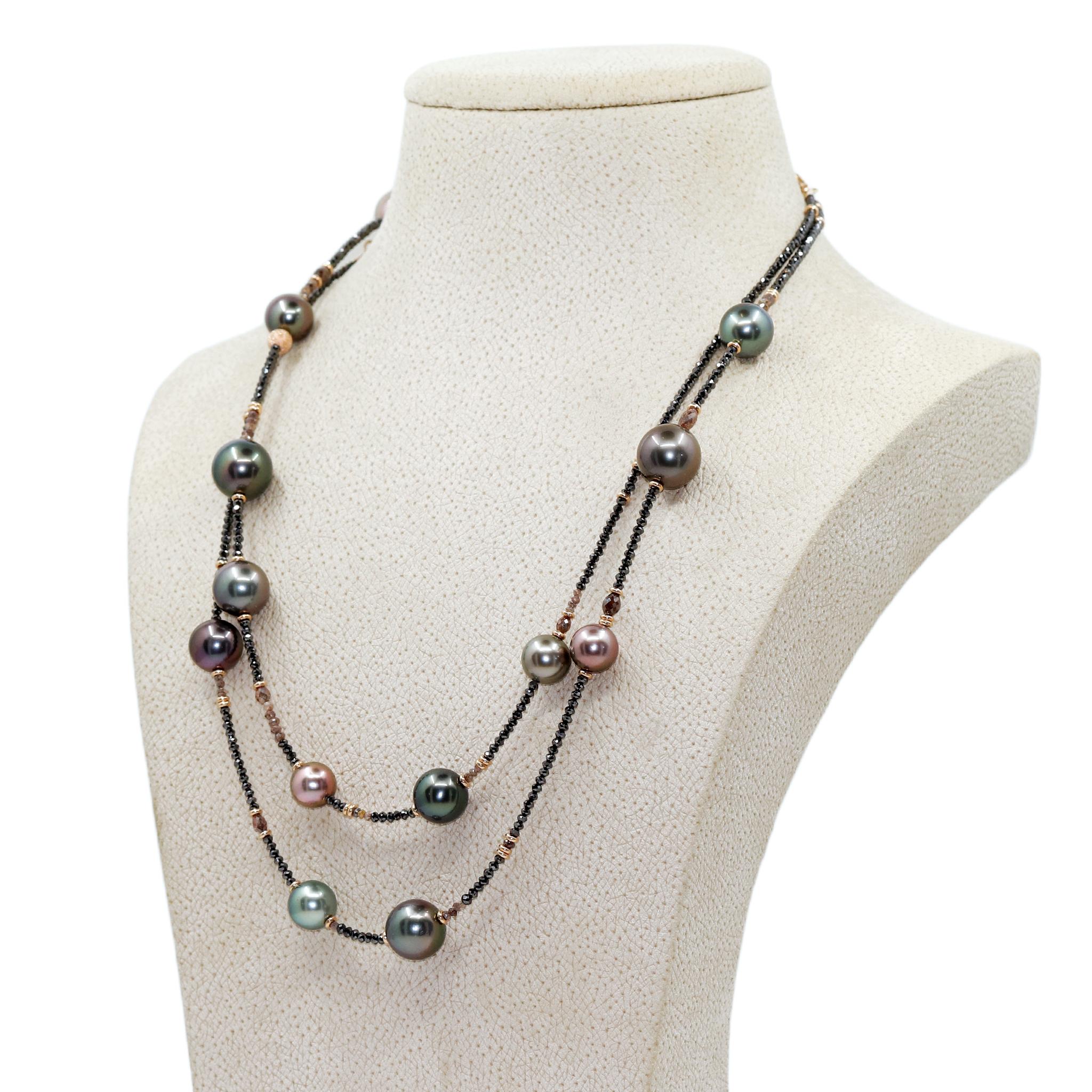 Tahitian Pearl Black + Cognac Diamond Long Rose Gold Necklace, Gellner ...