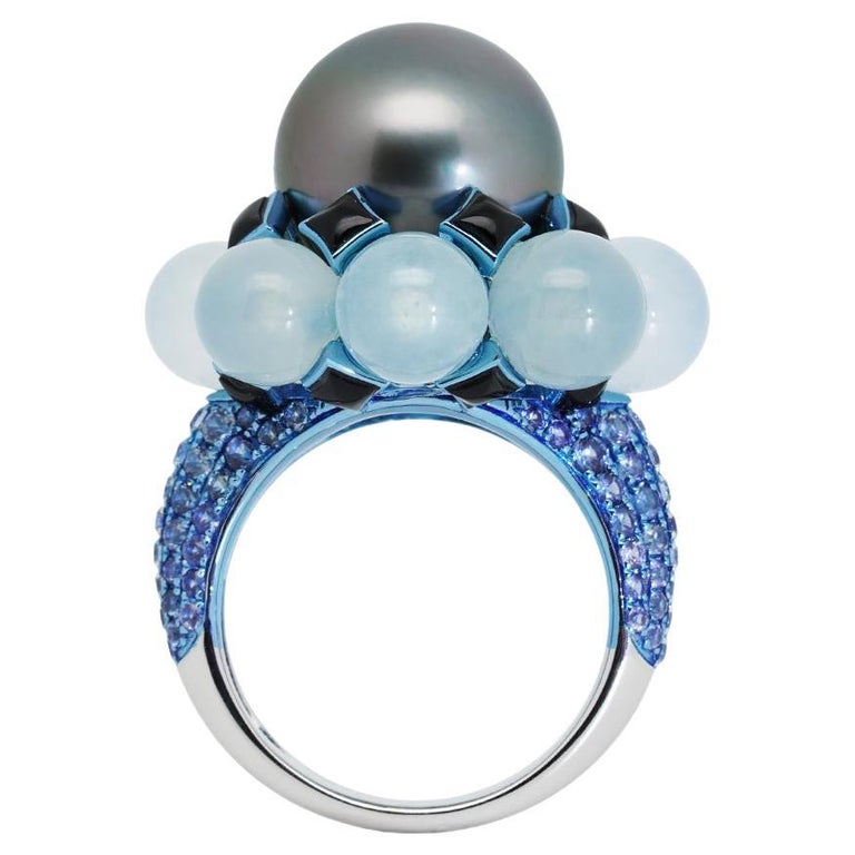 Tahitian Pearl, Burmese White Jade, Sapphire and Onyx Ring, 18K Gold ...