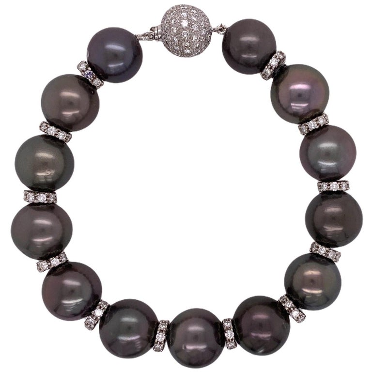 Tahitian Pearl Diamond Rhondel Platinum Estate Bracelet at 1stDibs