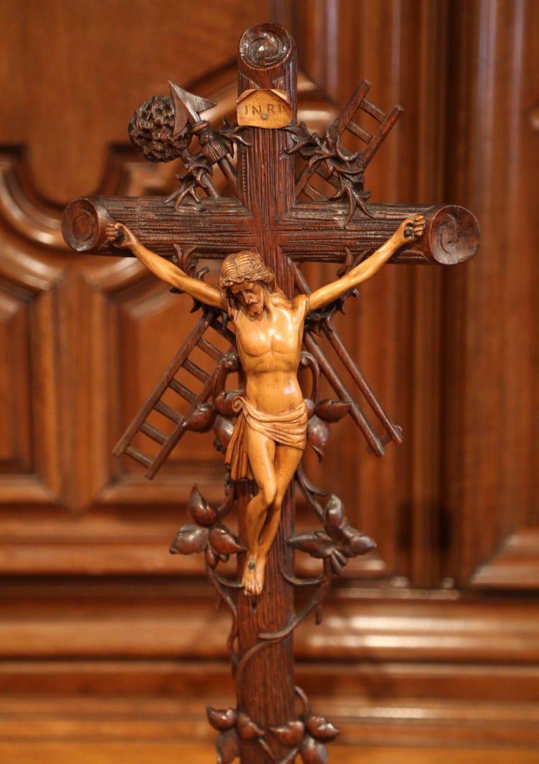 Tall 19th Century French Black Forest Carved Walnut Crucifix with Jesus ...
