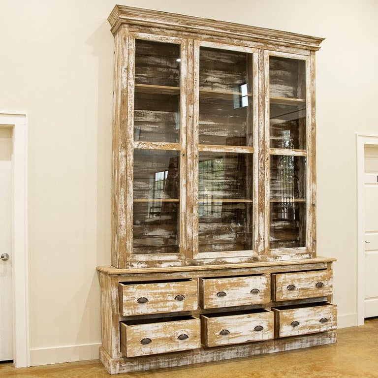 Tall Antique 20th Century French Country Glass Front Bookcase Painted ...