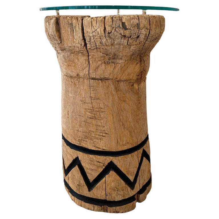 Tall Black Tribal Table with Glass Top For Sale at 1stDibs