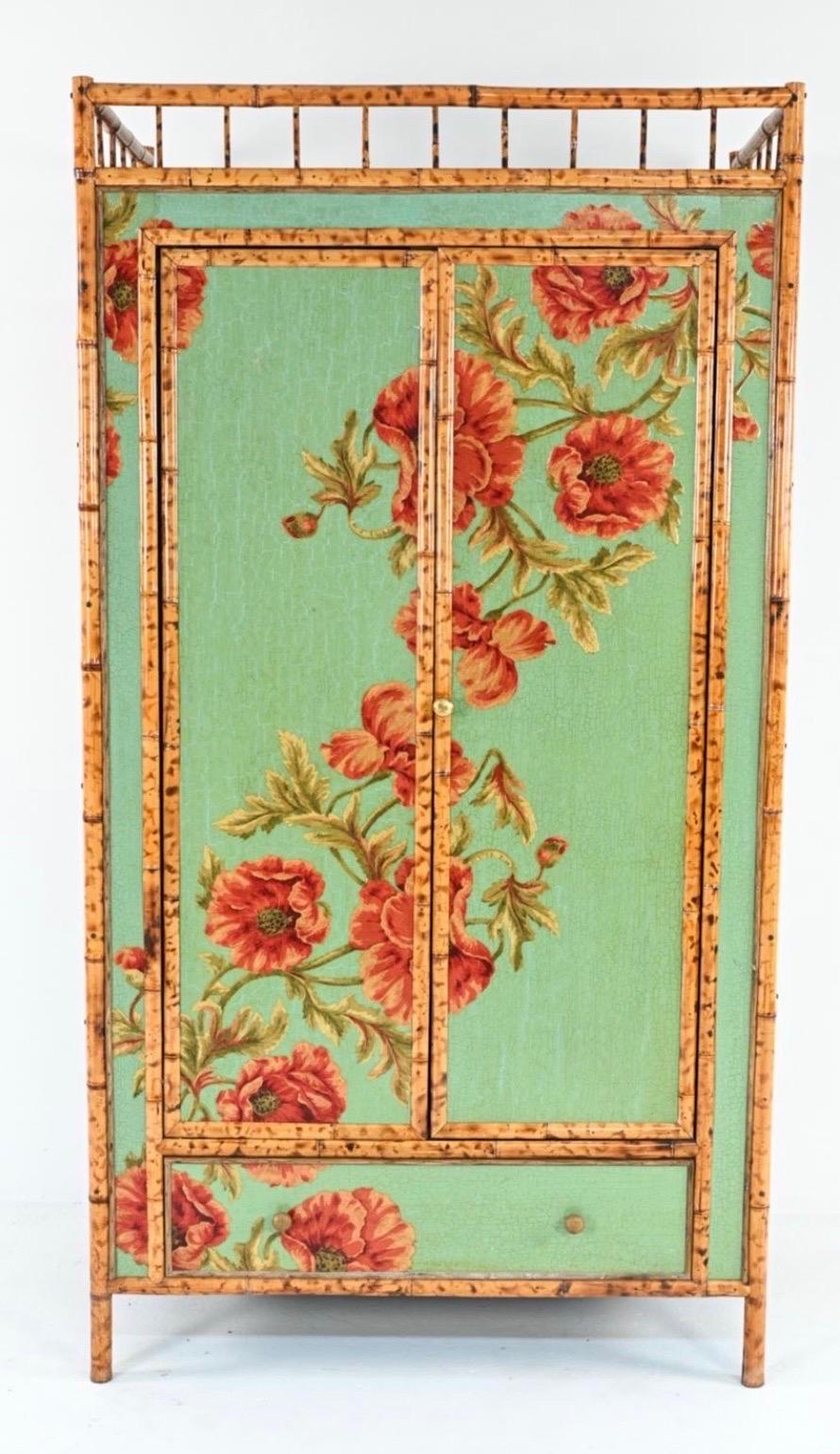 Tall Chinoiserie Bamboo and Decoupage Cabinet Armoire Wardrobe Linen ...