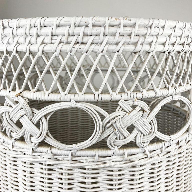 Tall Circular White Wicker Basket with Woven Floral Pattern at 1stDibs