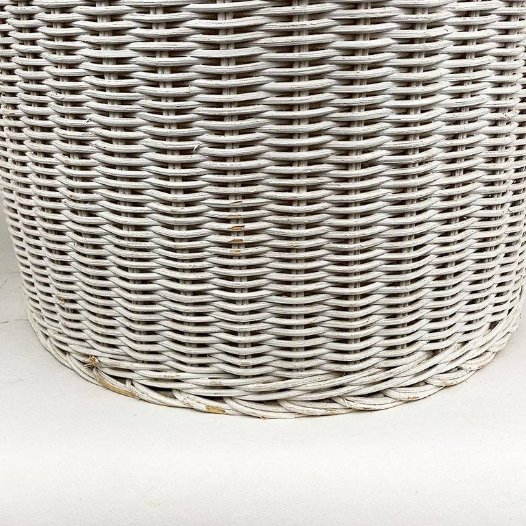 Tall Circular White Wicker Basket with Woven Floral Pattern at 1stDibs