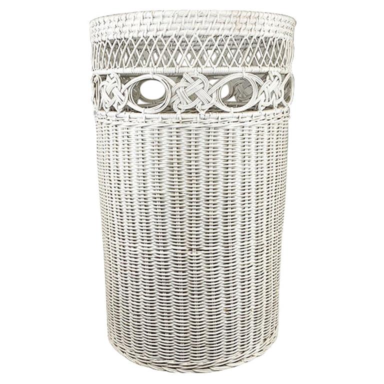 Tall Circular White Wicker Basket with Woven Floral Pattern at 1stDibs