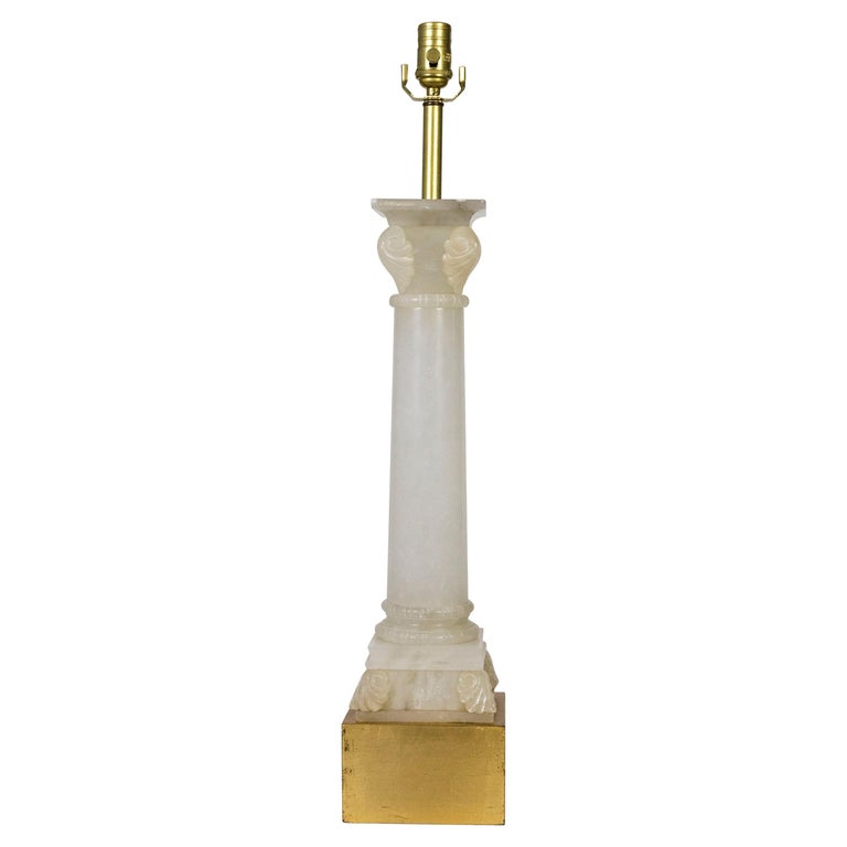 Tall Classical Alabaster Column Lamp w/ Gilded Base For Sale at 1stDibs