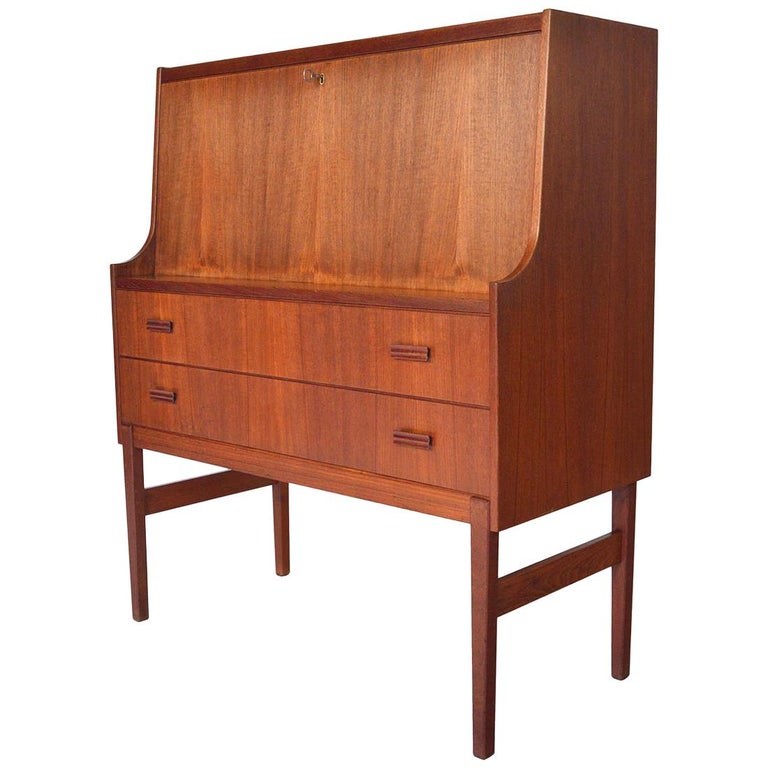 Tall Danish Modern Drop Front Secretary Desk in Teak For Sale at 1stDibs