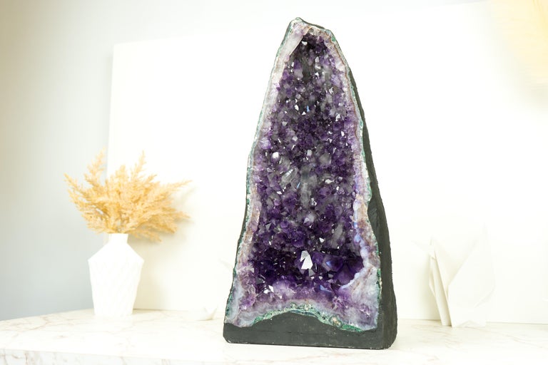 Tall Deep Purple Amethyst Crystal Geode Cathedral, with Rare Amethyst Druzy For Sale at 1stDibs