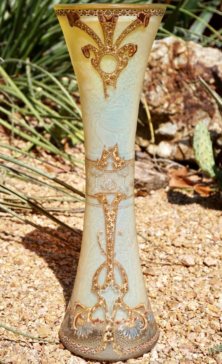 Tall Enameled Carved Etched and Gilt Opalescent Daum Nancy Vase at 1stDibs