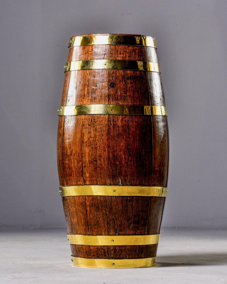 Tall English Early 20th Century Oak Barrel with Six Brass Bands at 1stDibs