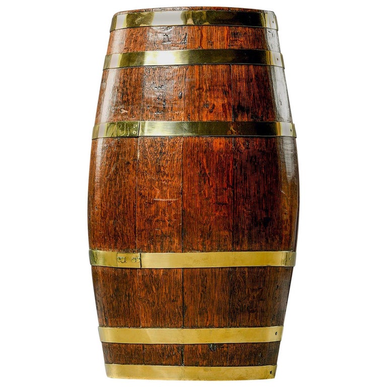 Tall English Early 20th Century Oak Barrel with Six Brass Bands at 1stDibs