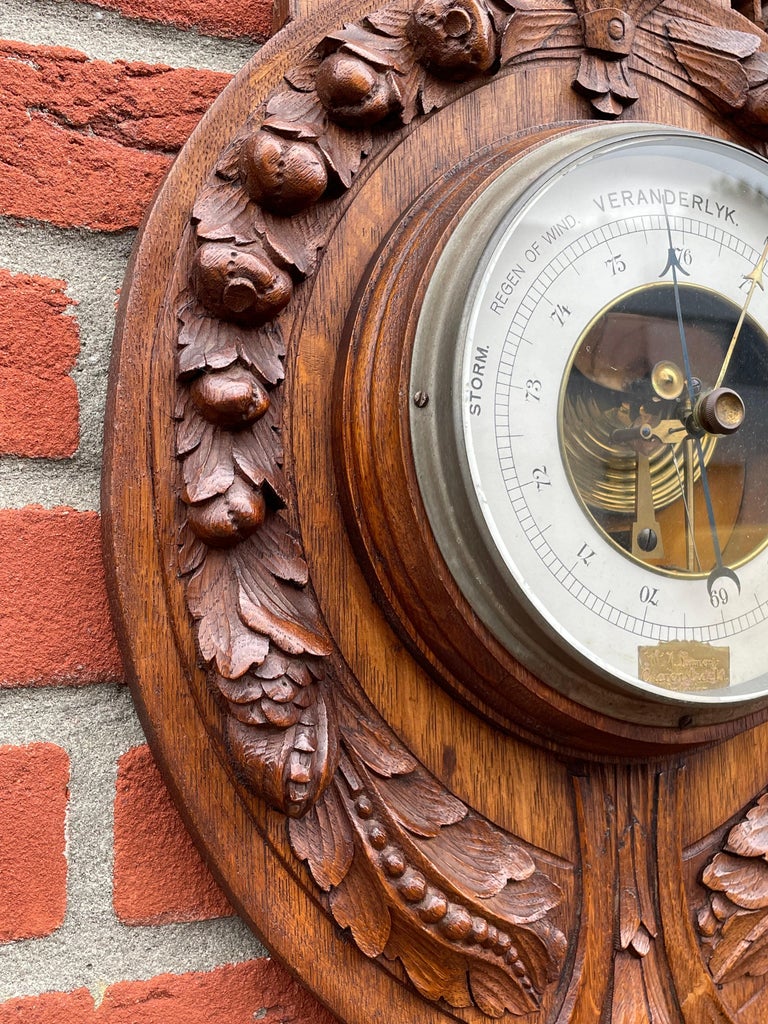 Tall Finely Hand Carved Oak and Porcelain Antique Wall Barometer Made ...