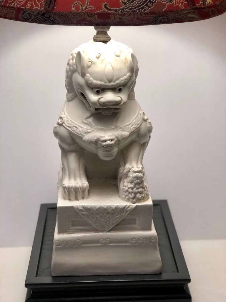 Tall Foo Dog White Lamp with Red Lamp Shade at 1stDibs | foo dog lamp ...