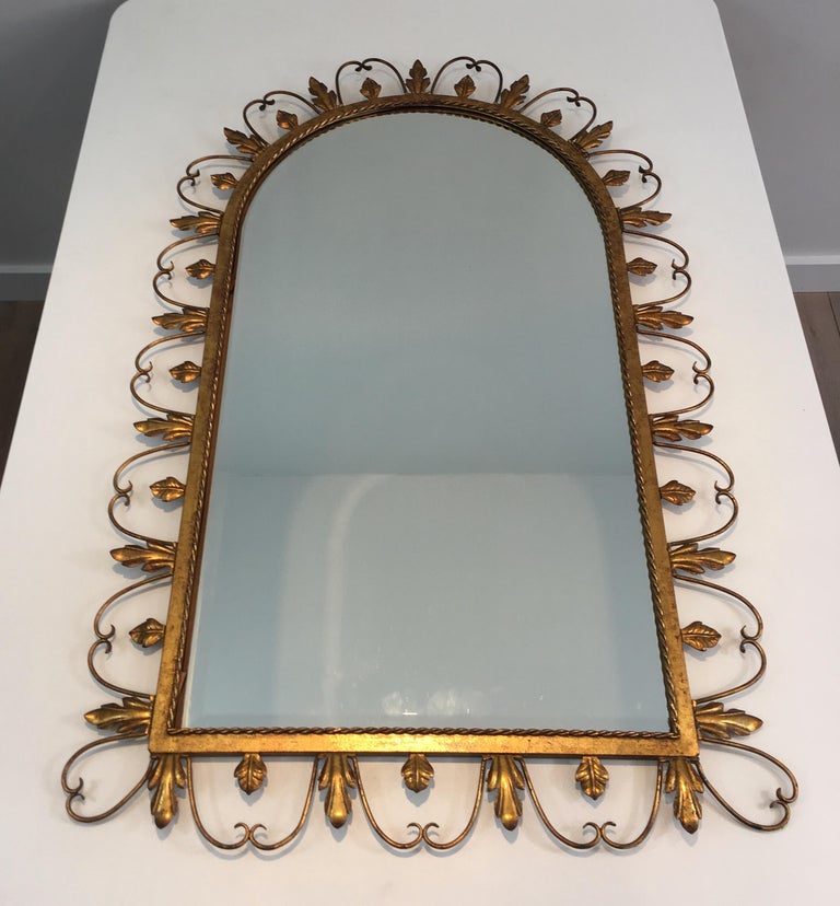 Tall Gold Gilt Wrought Iron Rounded Mirror with Leaves Decor at 1stDibs