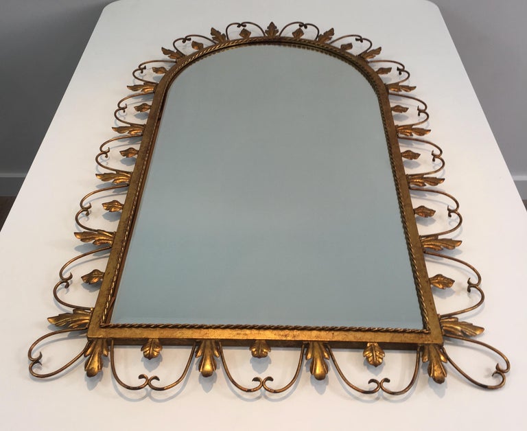 Tall Gold Gilt Wrought Iron Rounded Mirror with Leaves Decor at 1stDibs