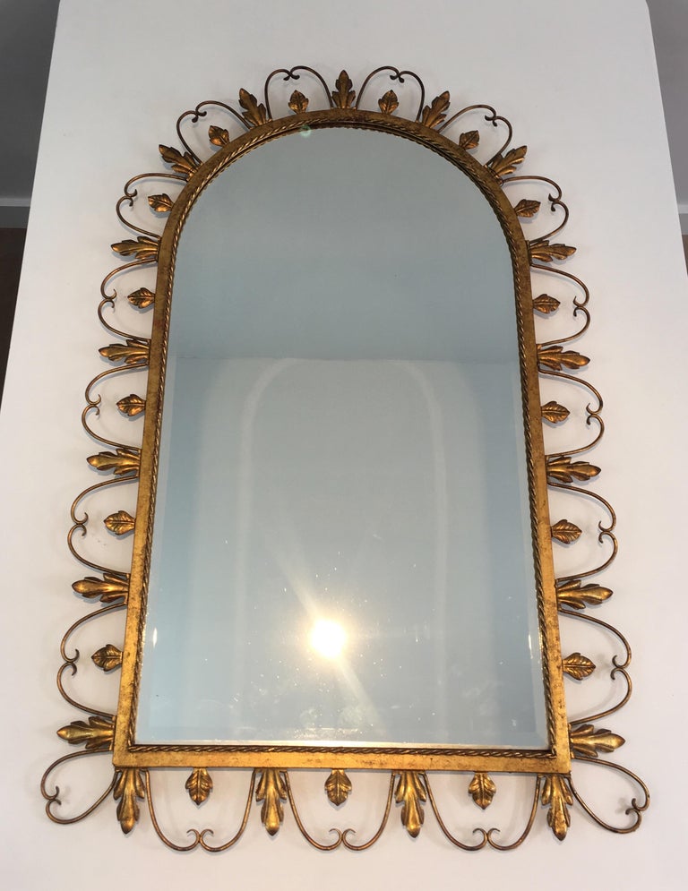 Tall Gold Gilt Wrought Iron Rounded Mirror with Leaves Decor at 1stDibs