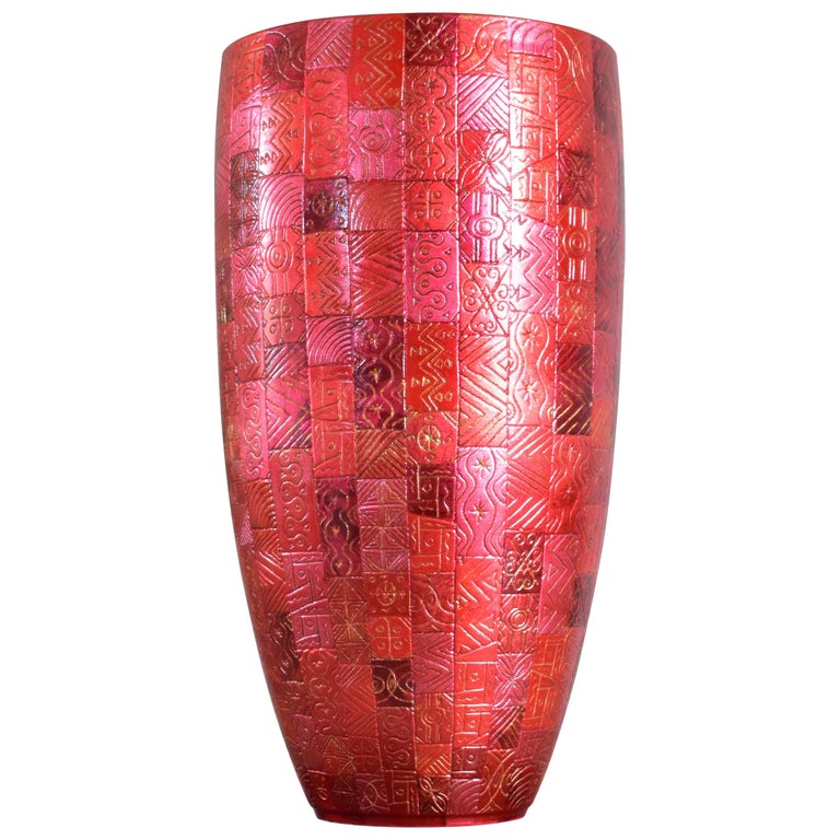 Japanese Contemporary Red Silver Etched Porcelain Vase by Master Artist ...
