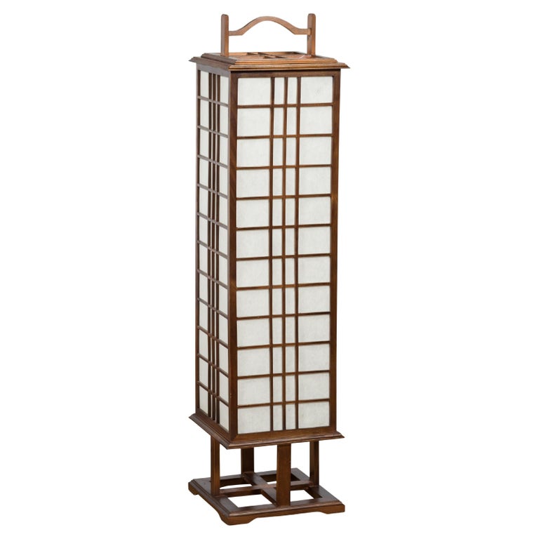 Tall Japanese Vintage Square Table Lamp with Rice Paper Panels, US ...
