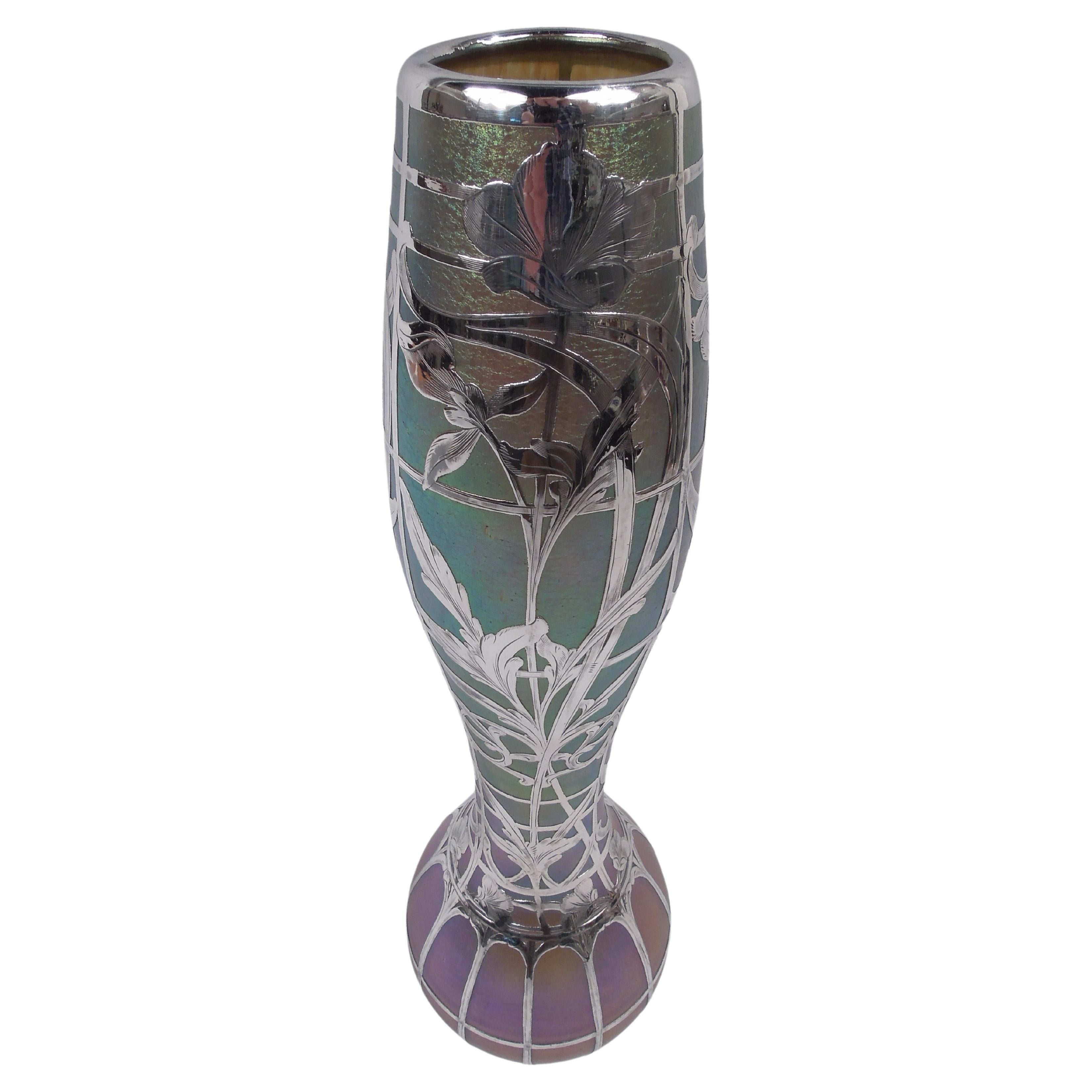 Tall Loetz Art Nouveau Iridescent Silver Overlay Vase For Sale at 1stDibs