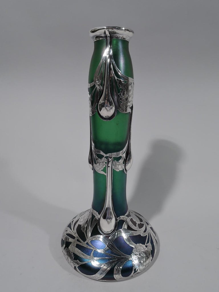 Tall Loetz Iridescent Glass Vase with Silver Overlay by Alvin For Sale ...