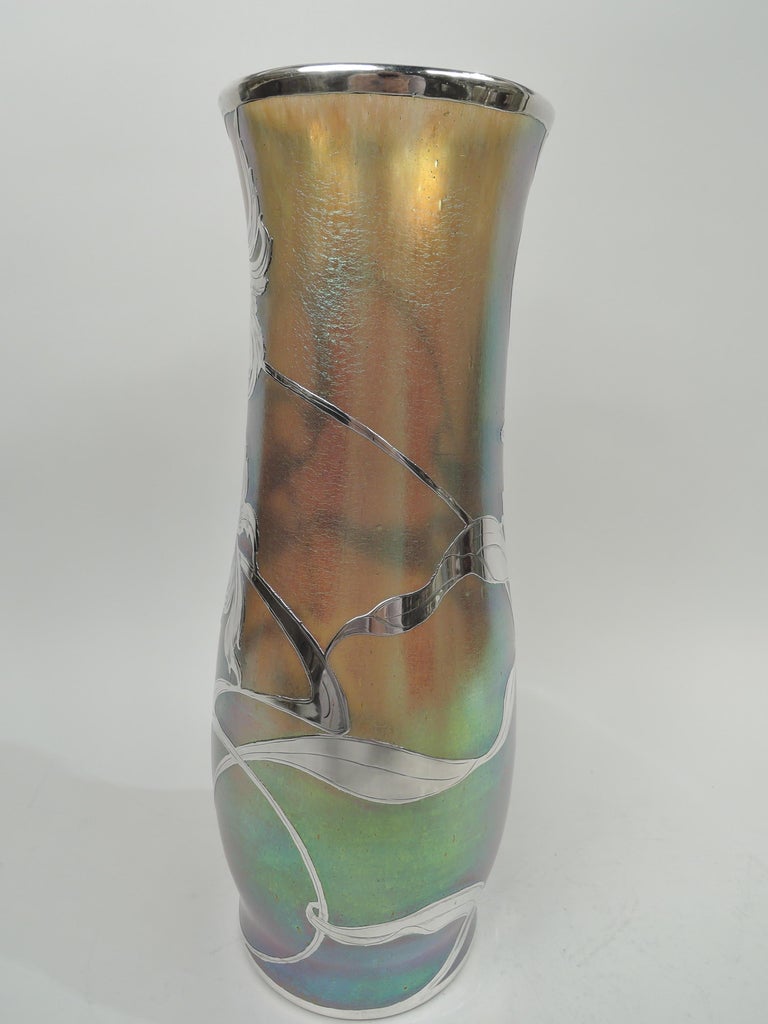 Tall Loetz Silberiris Art Nouveau Iridescent Silver Overlay Vase For ...