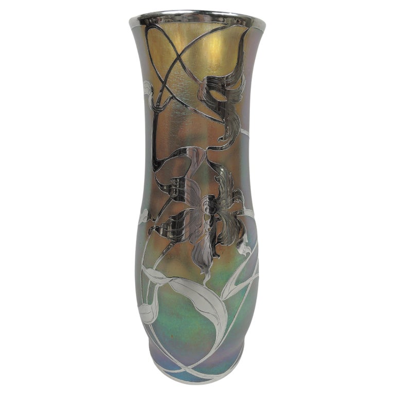 Tall Loetz Silberiris Art Nouveau Iridescent Silver Overlay Vase For ...